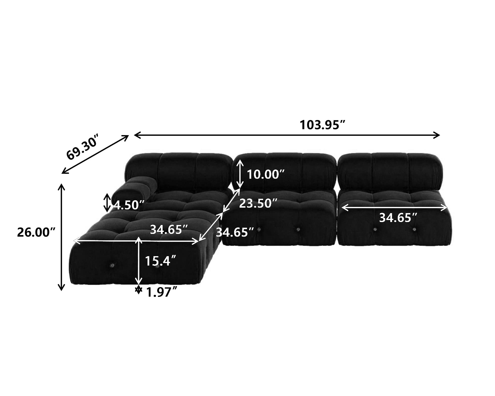 WJShome Modular Sectional Couch with Ottoman, 103.95 inch Convertible Sofa with Reversible Chaise, Velvet L Shaped Minimalist Couch for Living Room, Modern Large Free Combination Sofa, Black