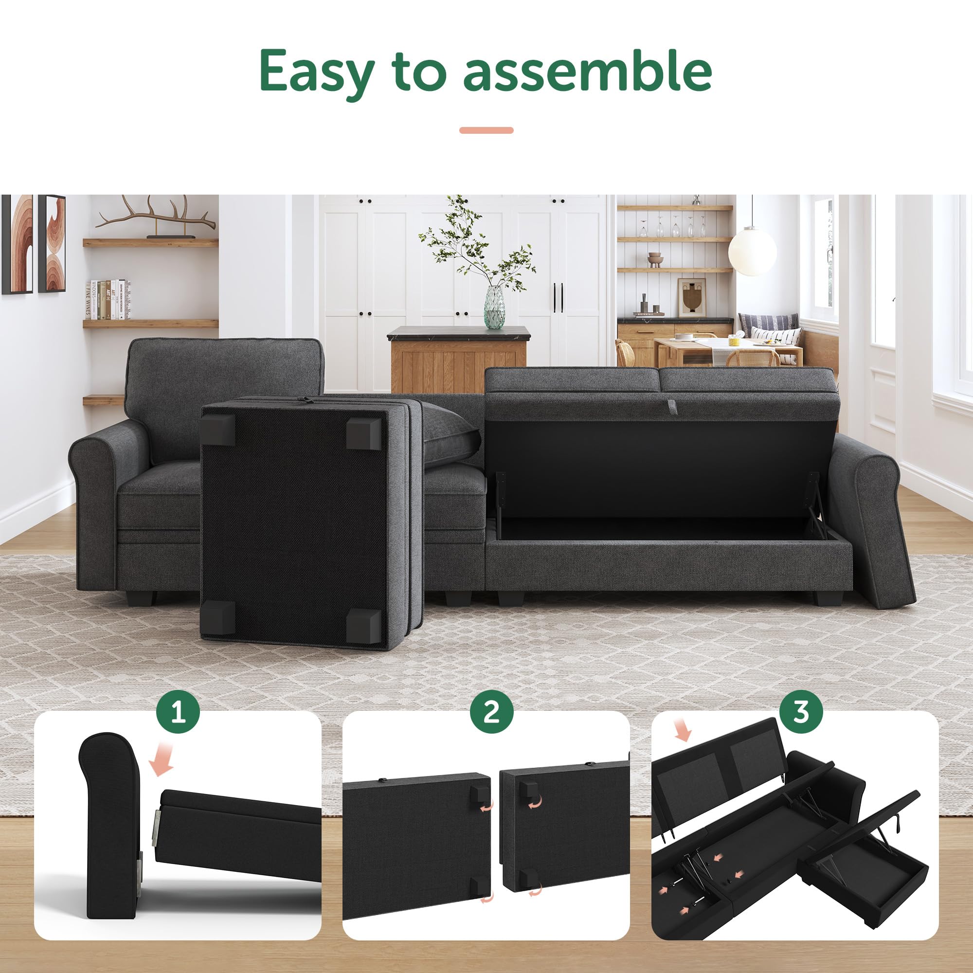 HONBAY U Shaped Sectional Couch with Storage Seat, Reversible Chaise, Convertible for Living Room, Dark Grey