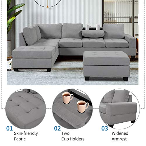 Verfur Fabric Upholstery Convertible Sectional Sofa with Reversible Chaise, L Shaped Couch with Storage Ottoman and 2 Cup Holders Corner, Light Gray 112"