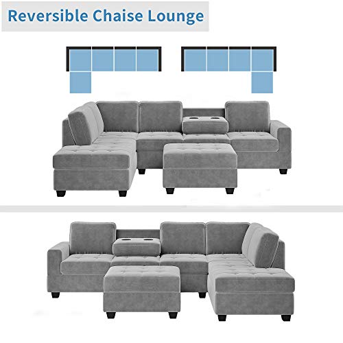 Verfur Fabric Upholstery Convertible Sectional Sofa with Reversible Chaise, L Shaped Couch with Storage Ottoman and 2 Cup Holders Corner, Light Gray 112"