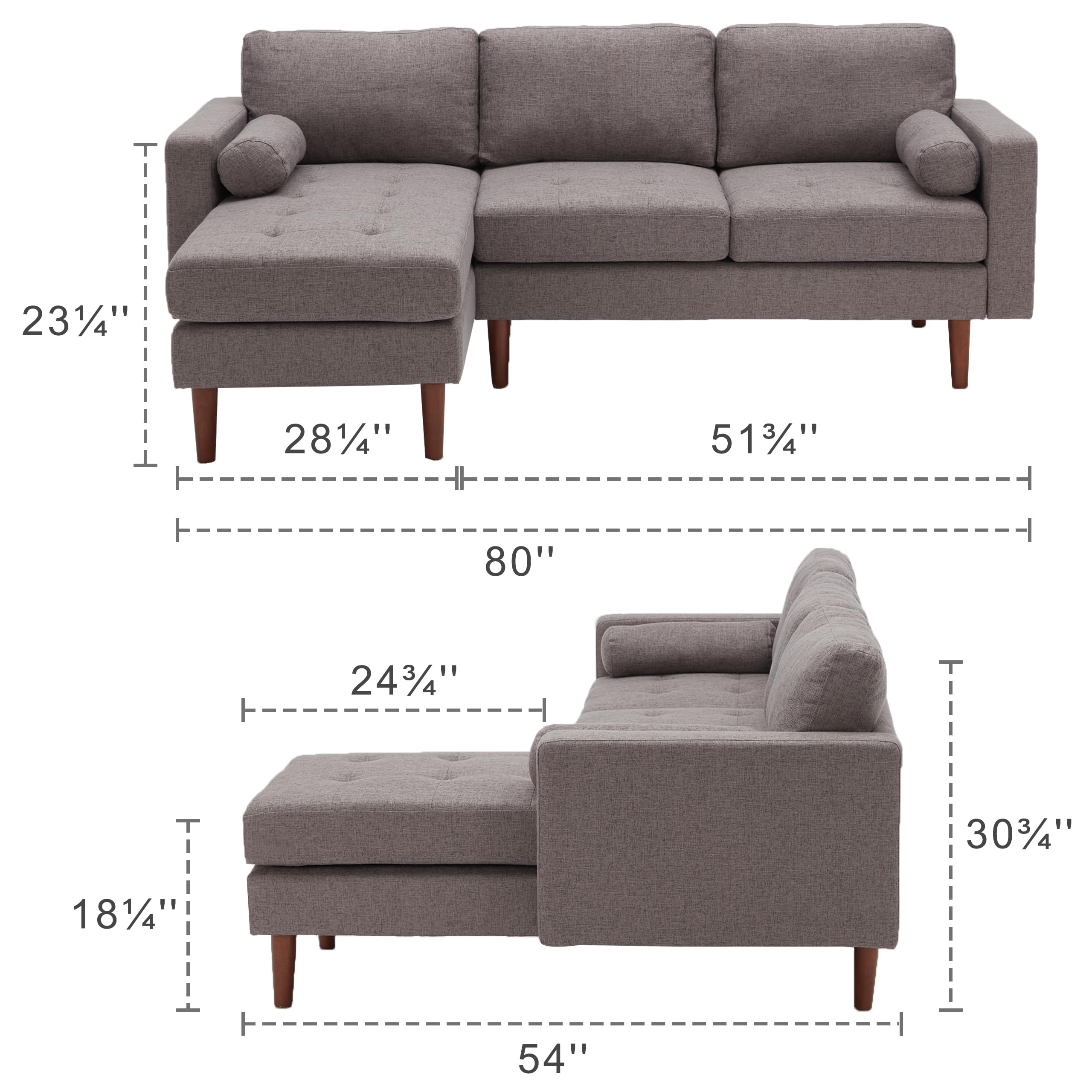 Tbfit 80" W Sectional Sofa Couch, L Shaped Couch with Reversible Chaise, Mid Century Modern Linen Fabric Couches for Living Room Apartment Small Space, Convertible Sofa with Tufted Seat Cushion, Grey