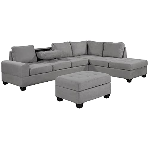 Verfur Fabric Upholstery Convertible Sectional Sofa with Reversible Chaise, L Shaped Couch with Storage Ottoman and 2 Cup Holders Corner, Light Gray 112"