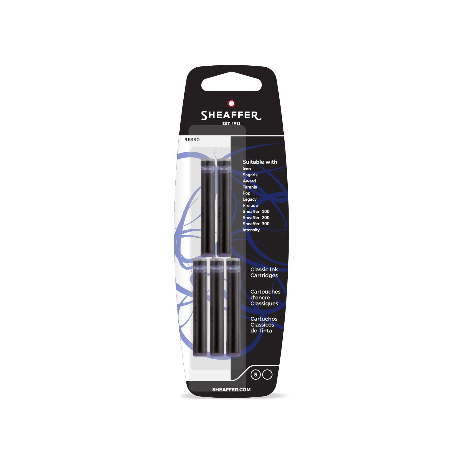 Sheaffer Classic Fountain Pen Ink Cartridges, Black, 5-Pack (96330)