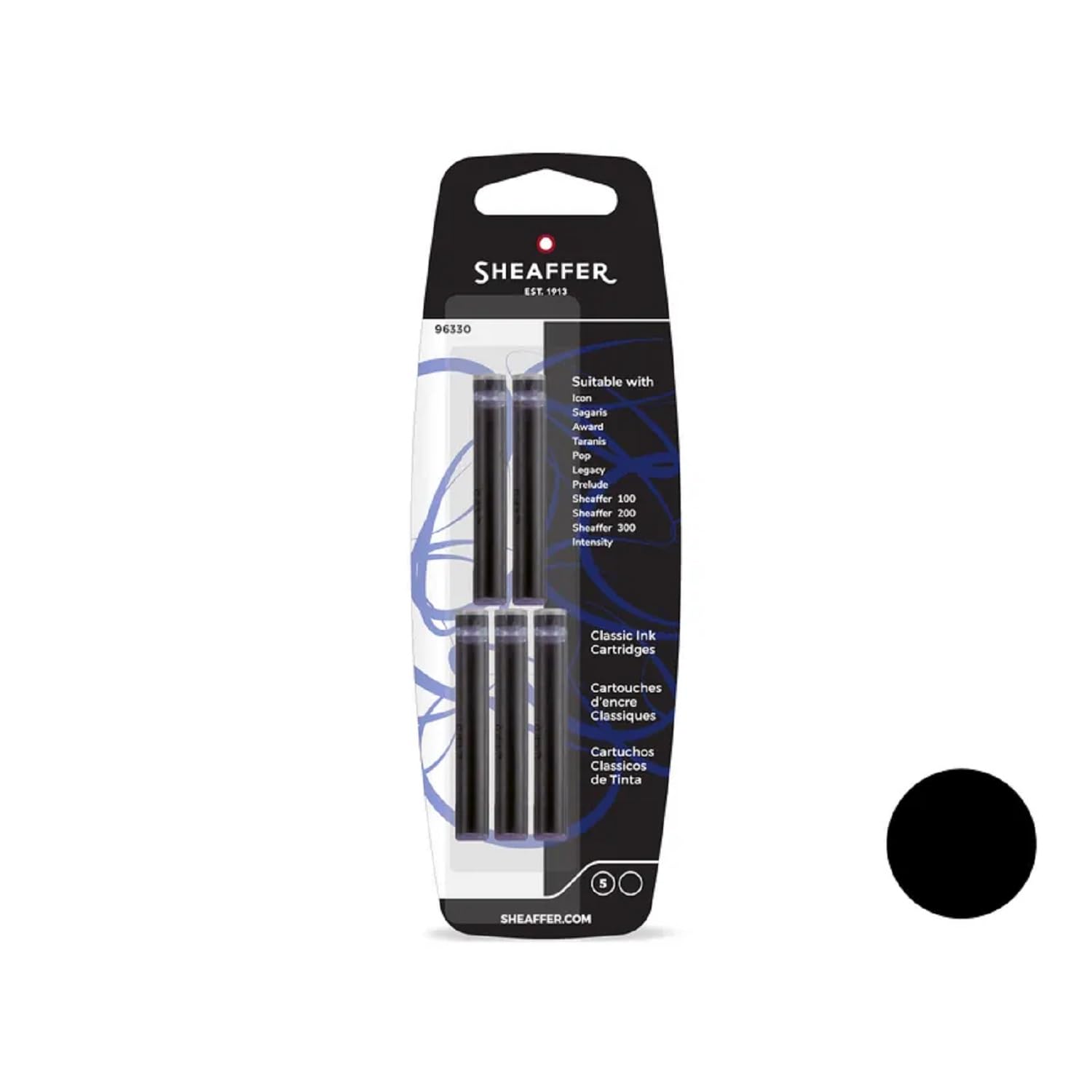 Sheaffer Classic Fountain Pen Ink Cartridges, Black, 5-Pack (96330)