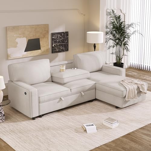 FULife Convertible Pull Out Sleeper Sectional Sofa Bed with Reversible Storage Chaise,USB Port&2 Cup Holders on Back Cushions,Upholstery L Shape 3 Seaters Corner Recliner Chaise Lounge Couch