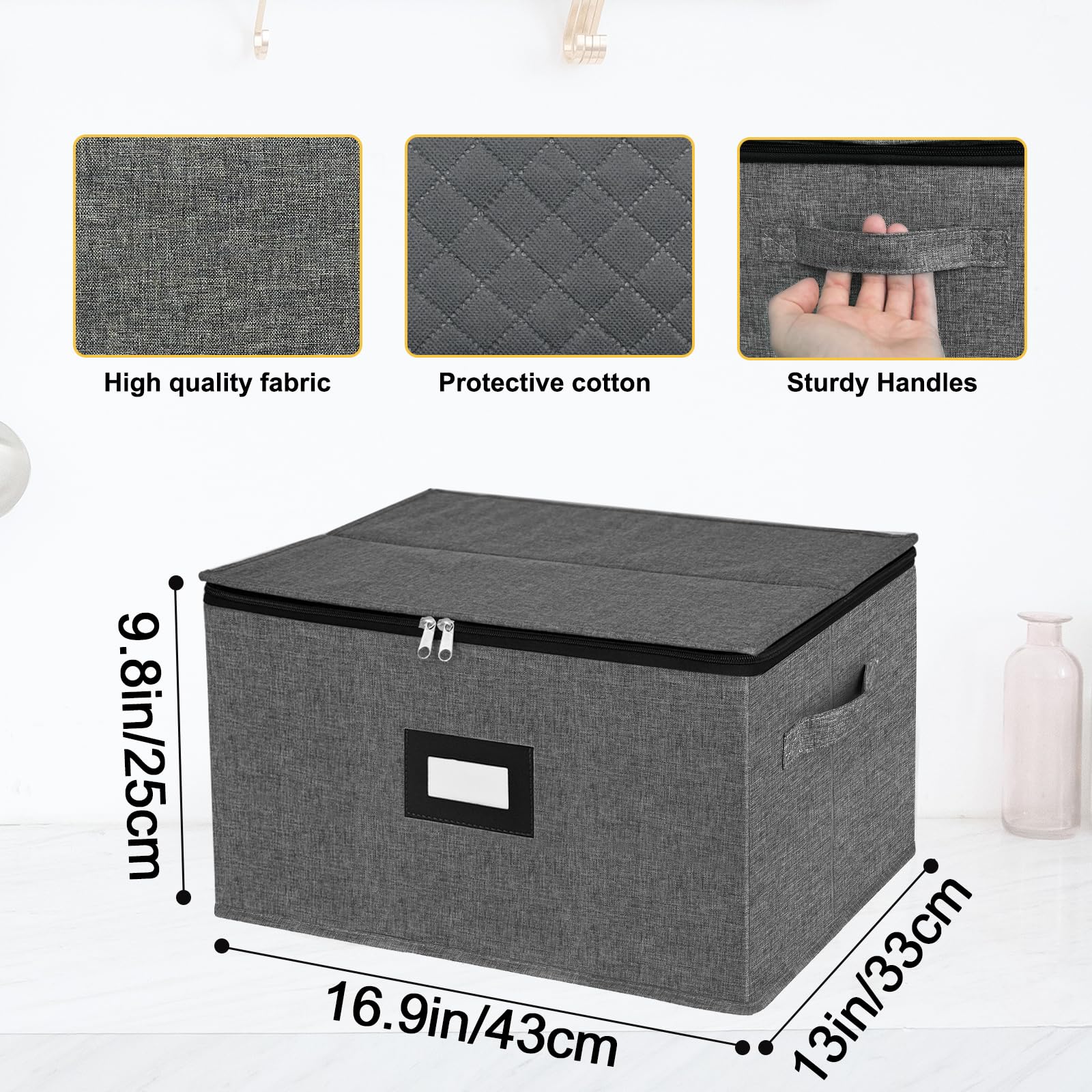 Wine glass Storage Box with Divider - China Storage Containers Hard Shell Stemware Storage Bins with Lids Holds 12 Wine Glass or Crystal Glassware Case, Stackable with Label Window (Dark Grey)