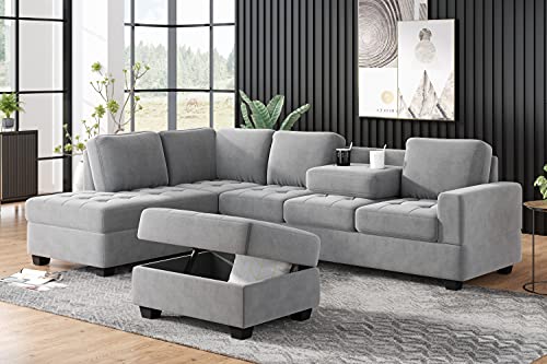 Verfur Fabric Upholstery Convertible Sectional Sofa with Reversible Chaise, L Shaped Couch with Storage Ottoman and 2 Cup Holders Corner, Light Gray 112"