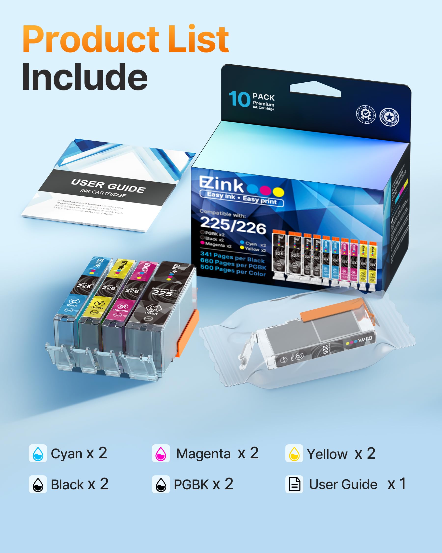 E-Z Ink (TM Compatible Ink Cartridge Replacement for Canon PGI-225 CLI-226 PGI225 CLI226 Compatible with PIXMA MX882 MX892 MG5320 MG6220 (2 PGBK, 2 Cyan, 2 Magenta, 2 Yellow, 2 Small Black) 10Pack