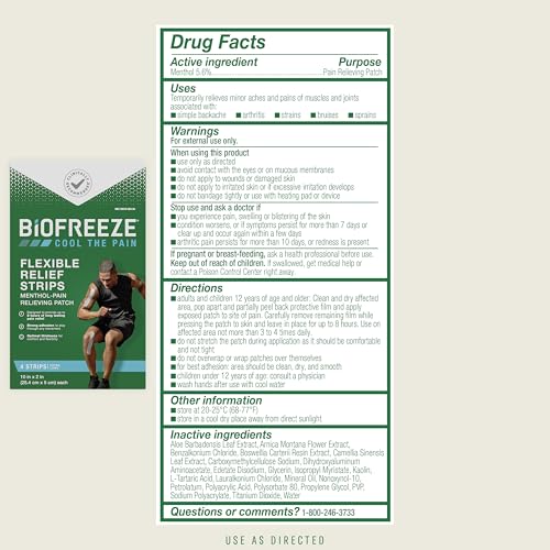 Biofreeze Pain Relief Flexible Strips Pre-Cut, 4Ct. Pain Relief for Sore Muscles, Arthritis, Backaches, Sore Joints, Sprains, Strains, and Bruises (Packaging May Vary)