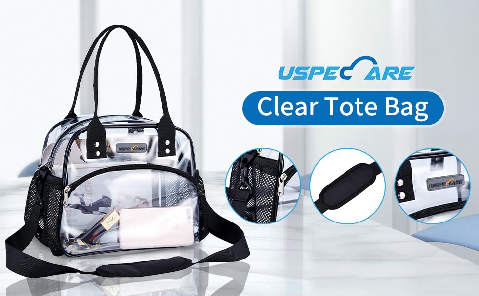 USPECLAR clear tote bag, Clear Lunch Bag with Removable Bottom Board for Women & Men, See Through Reusable Lunch Box for Workplaces ,Clear Shoulder Bag for Women for Work