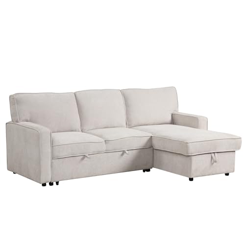 FULife Convertible Pull Out Sleeper Sectional Sofa Bed with Reversible Storage Chaise,USB Port&2 Cup Holders on Back Cushions,Upholstery L Shape 3 Seaters Corner Recliner Chaise Lounge Couch