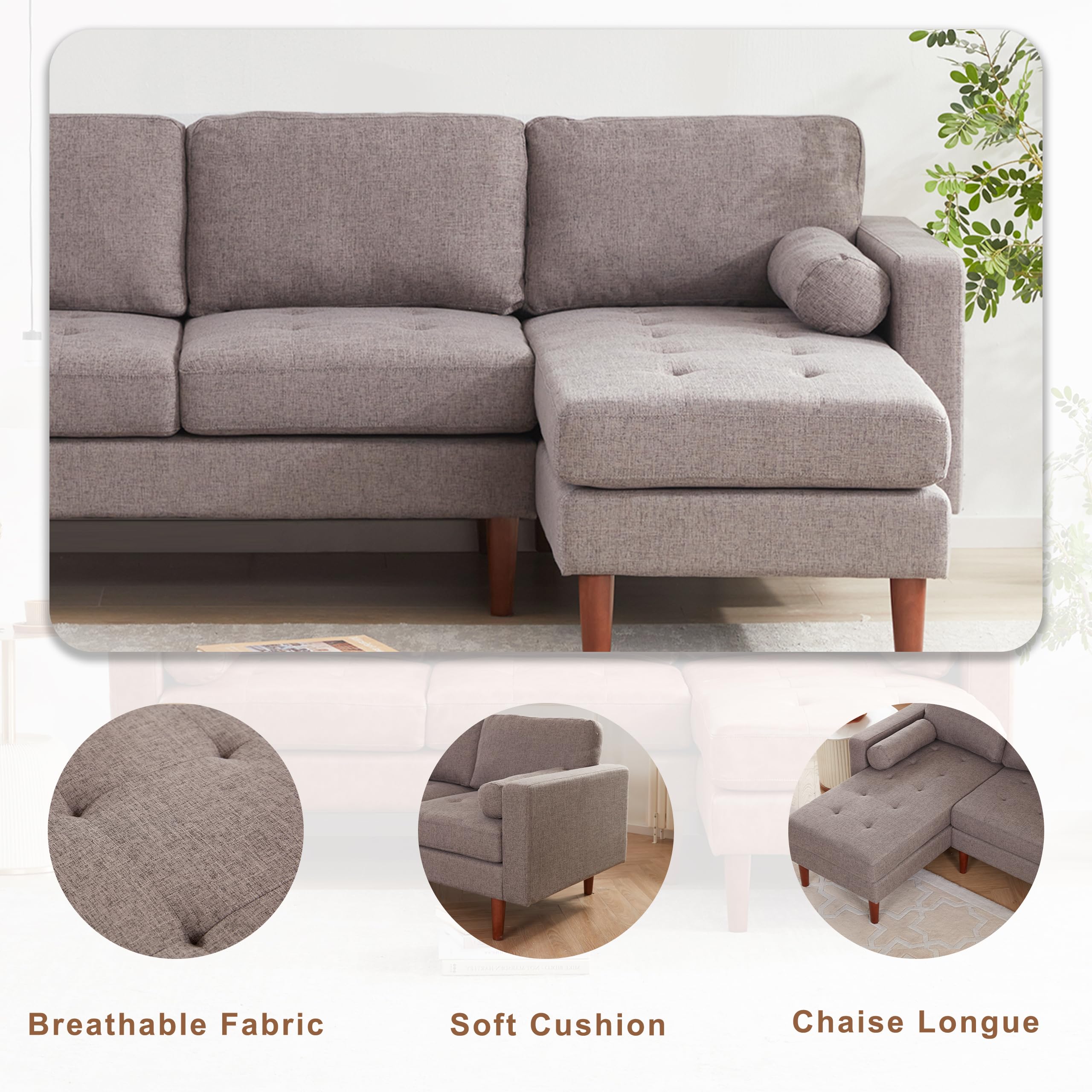 Tbfit 80" W Sectional Sofa Couch, L Shaped Couch with Reversible Chaise, Mid Century Modern Linen Fabric Couches for Living Room Apartment Small Space, Convertible Sofa with Tufted Seat Cushion, Grey