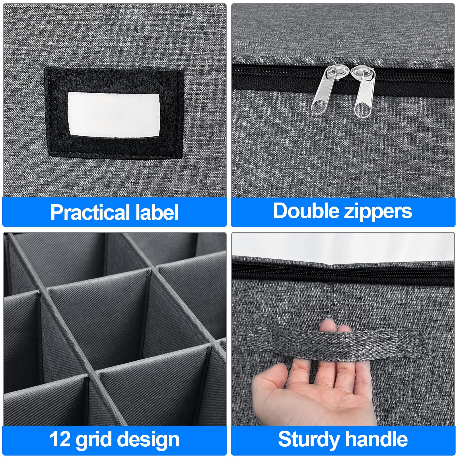 Wine glass Storage Box with Divider - China Storage Containers Hard Shell Stemware Storage Bins with Lids Holds 12 Wine Glass or Crystal Glassware Case, Stackable with Label Window (Dark Grey)
