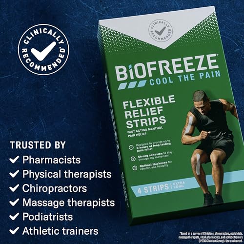 Biofreeze Pain Relief Flexible Strips Pre-Cut, 4Ct. Pain Relief for Sore Muscles, Arthritis, Backaches, Sore Joints, Sprains, Strains, and Bruises (Packaging May Vary)