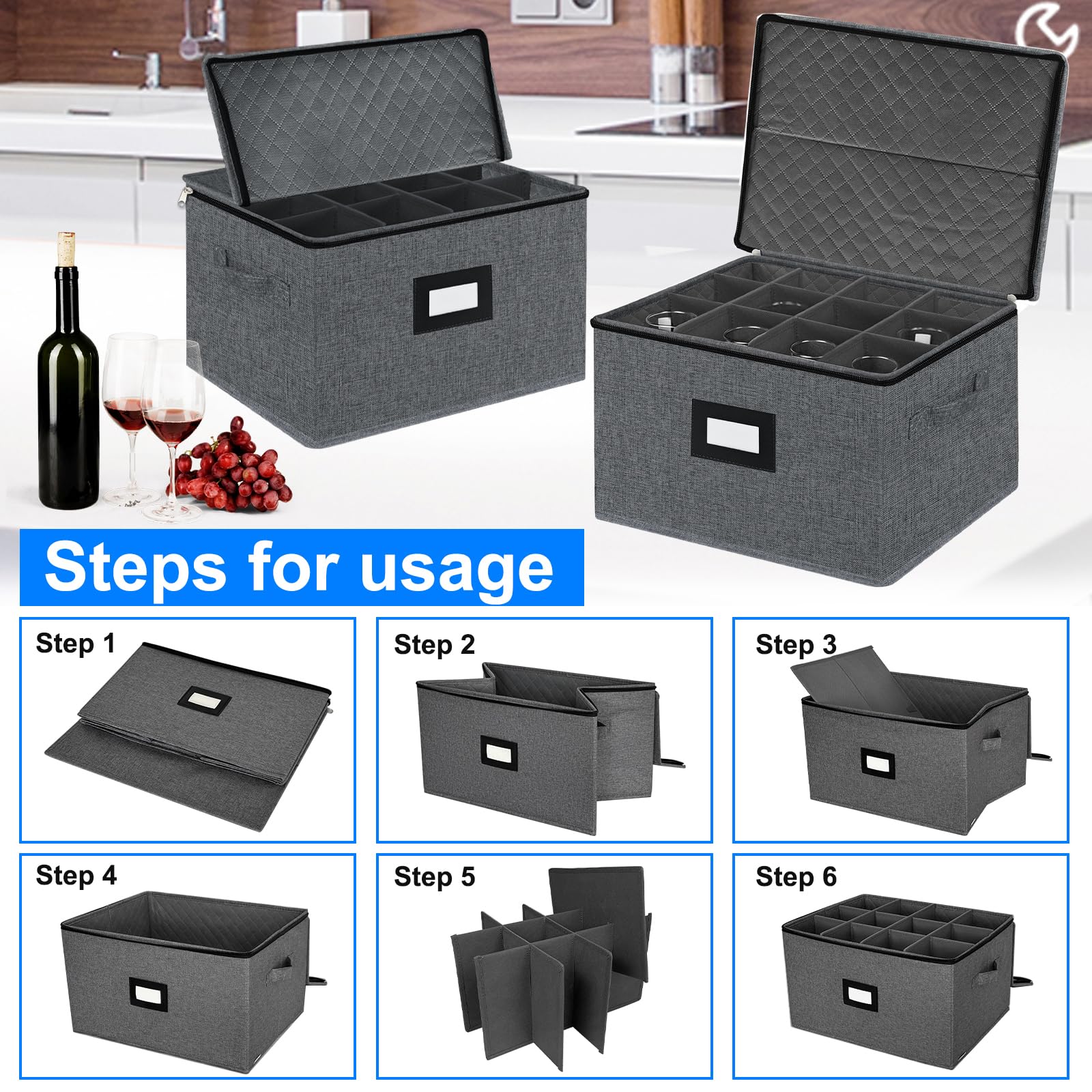 Wine glass Storage Box with Divider - China Storage Containers Hard Shell Stemware Storage Bins with Lids Holds 12 Wine Glass or Crystal Glassware Case, Stackable with Label Window (Dark Grey)