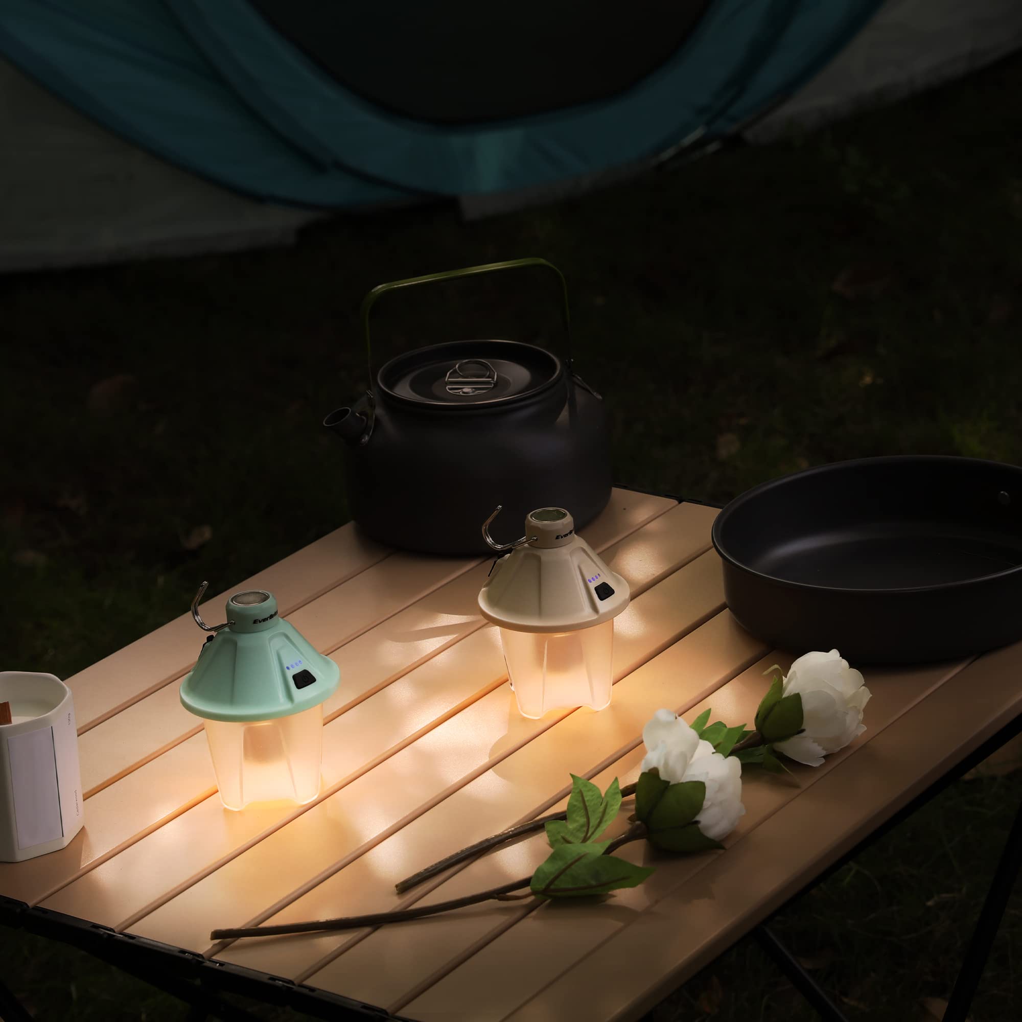 EverBrite 450LM Camping Lantern, USB C Rechargeable Camping Lantern with Magnetic Top&Hanging Hook, 5 Lighting Modes, for Christmas Decorations, Camping, Barbecue, Hiking and Reading, Pack of 2