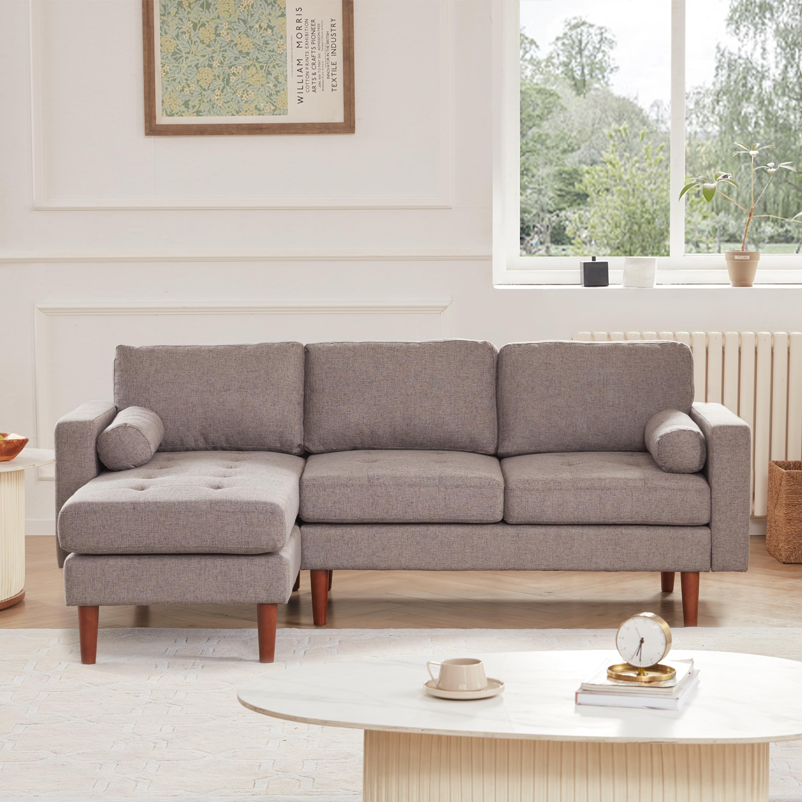 Tbfit 80" W Sectional Sofa Couch, L Shaped Couch with Reversible Chaise, Mid Century Modern Linen Fabric Couches for Living Room Apartment Small Space, Convertible Sofa with Tufted Seat Cushion, Grey