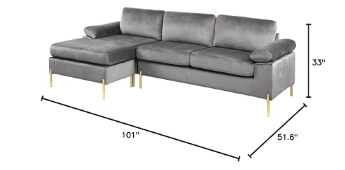 Prohon L-Shaped Sectional Sofa with Velvet Chaise & Gold Metal Legs, Mid-Century Style Modular Couch w/Removable Pillow Arms and Back for Living Room, Bedroom, Office, Gray