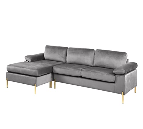 Prohon L-Shaped Sectional Sofa with Velvet Chaise & Gold Metal Legs, Mid-Century Style Modular Couch w/Removable Pillow Arms and Back for Living Room, Bedroom, Office, Gray