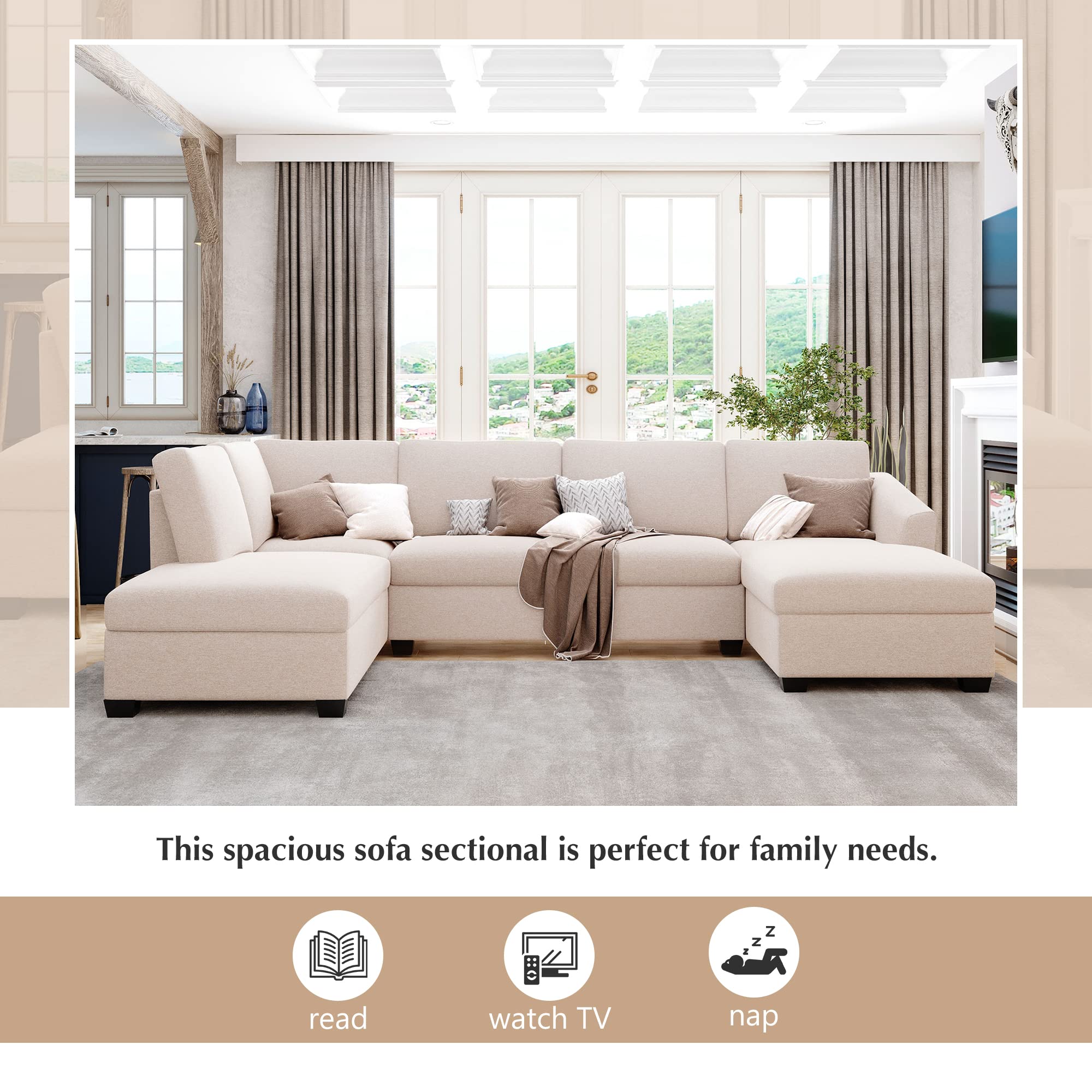 Merax Modern Large U-Shape Sectional Sofa Set, Double Extra Wide Chaise Lounge Couch for Living Room Apartment, Office, 116.9 inch Length, Beige