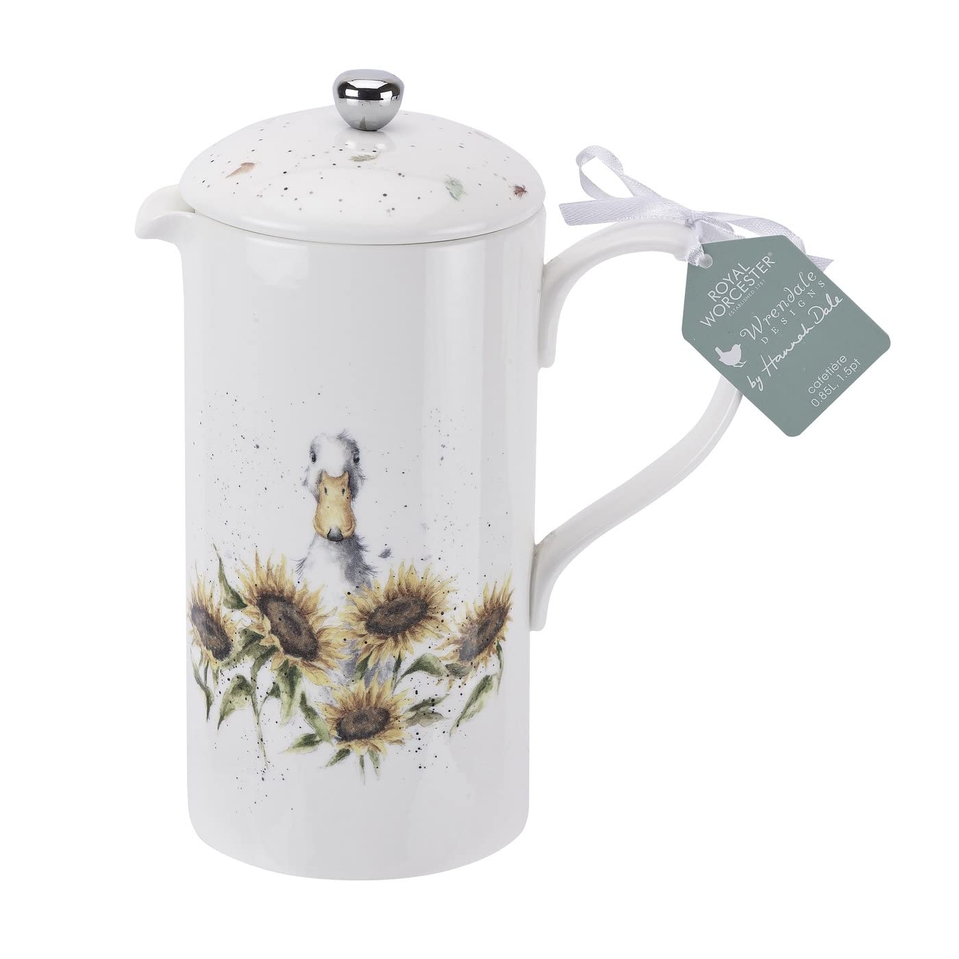 Royal Worcester Wrendale Designs French Press | 1.5 Pint Coffee Maker with Duck Motif | Made from Porcelain | Stainless Steel Plunger | Dishwasher Safe (ceramic only)