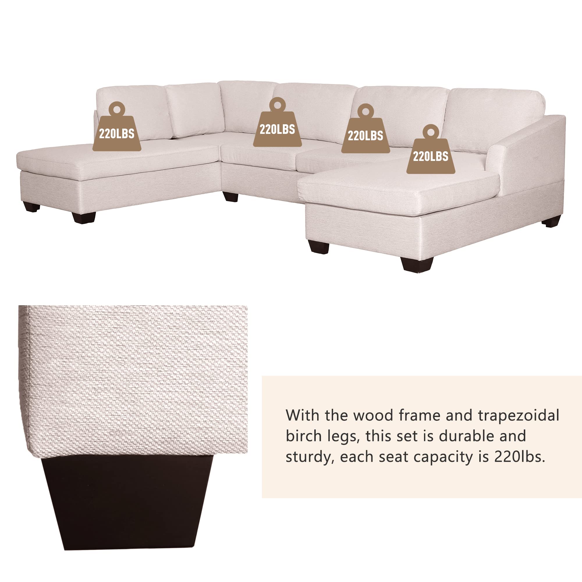 Merax Modern Large U-Shape Sectional Sofa Set, Double Extra Wide Chaise Lounge Couch for Living Room Apartment, Office, 116.9 inch Length, Beige