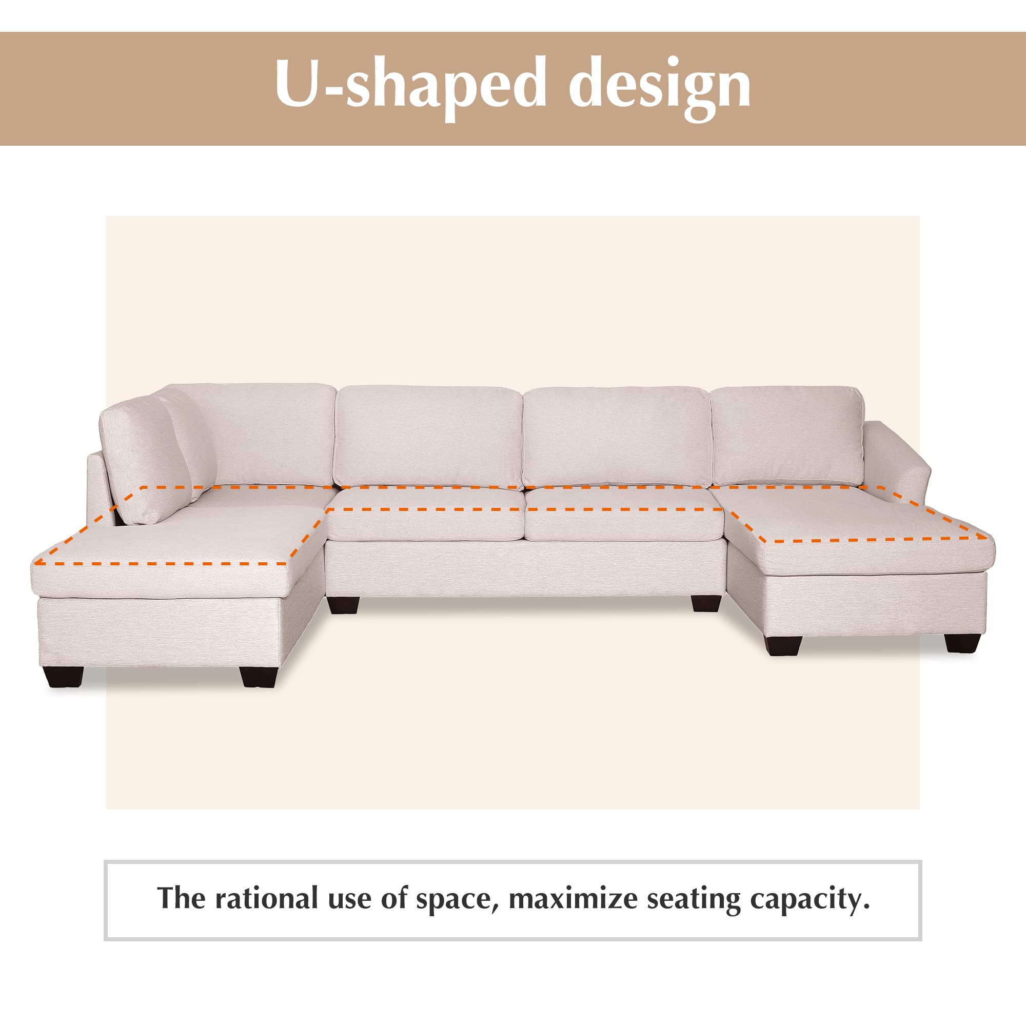 Merax Modern Large U-Shape Sectional Sofa Set, Double Extra Wide Chaise Lounge Couch for Living Room Apartment, Office, 116.9 inch Length, Beige