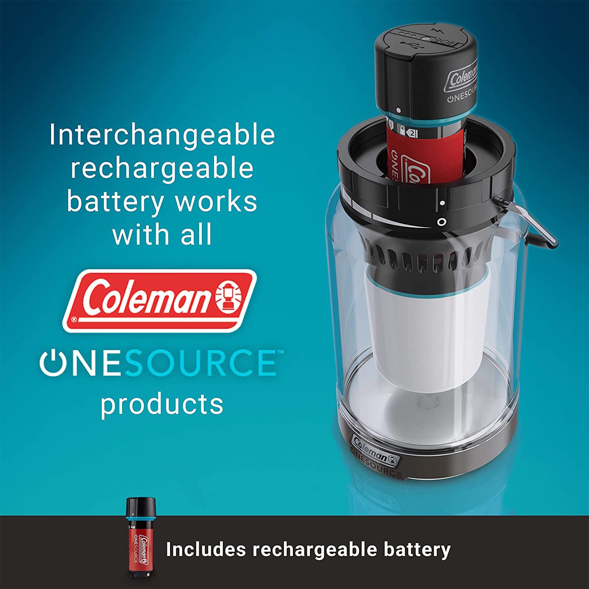 Coleman OneSource 600 Lumens Water Resistant LED Outdoor Camping Lantern w/Rechargeable Battery, USB Port for Devices, & Internal Flashlight (2 Pack)