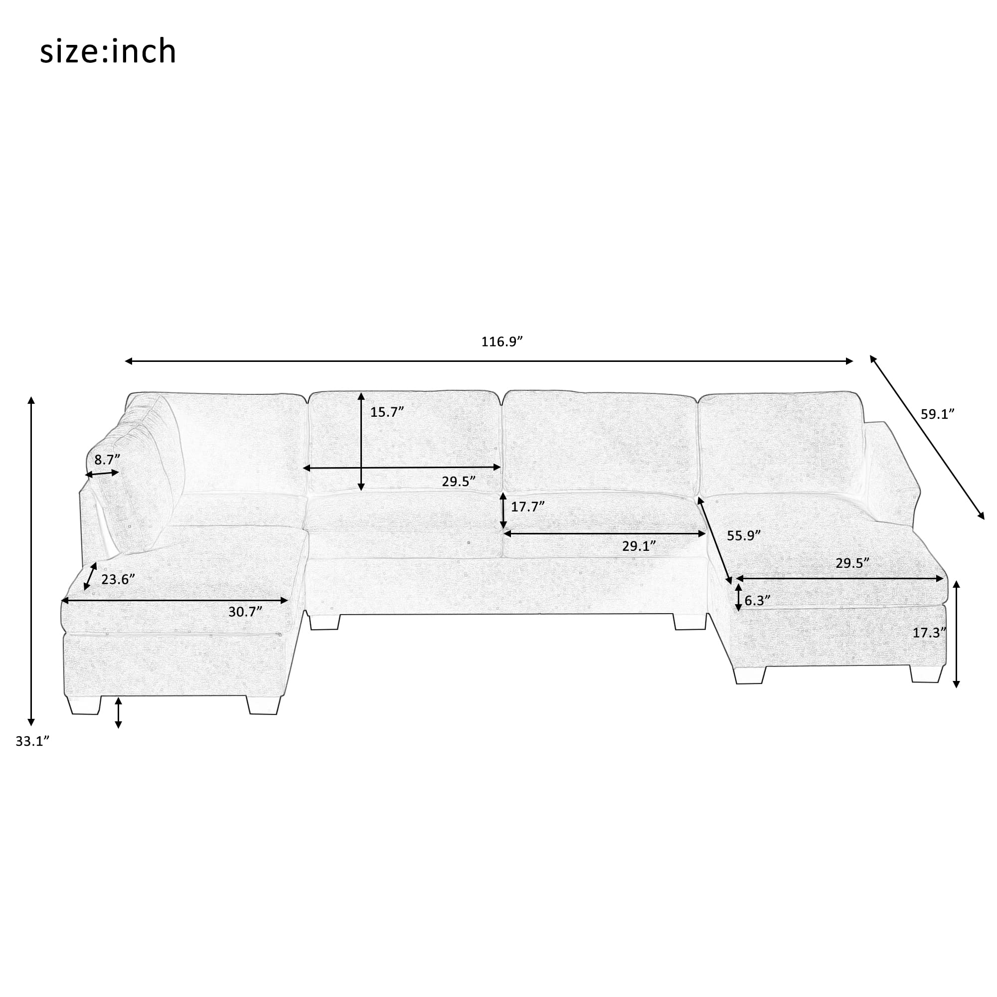 Merax Modern Large U-Shape Sectional Sofa Set, Double Extra Wide Chaise Lounge Couch for Living Room Apartment, Office, 116.9 inch Length, Beige