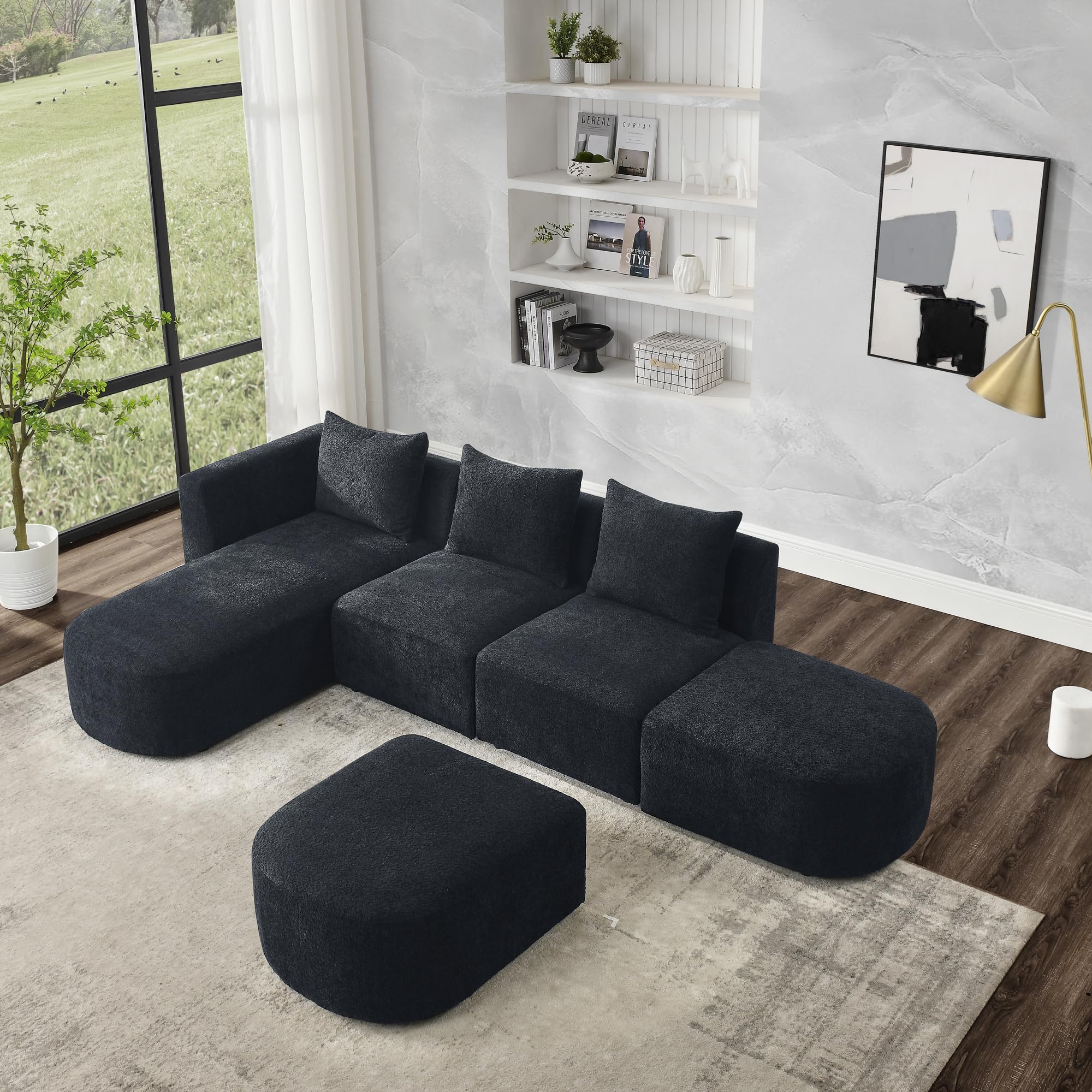 L-Shaped Sectional Sofa Couch DIY Combination w/Movable Ottoman, Modern Convertible Modular Sofa & Couch Cloud Deep Seater Sofá