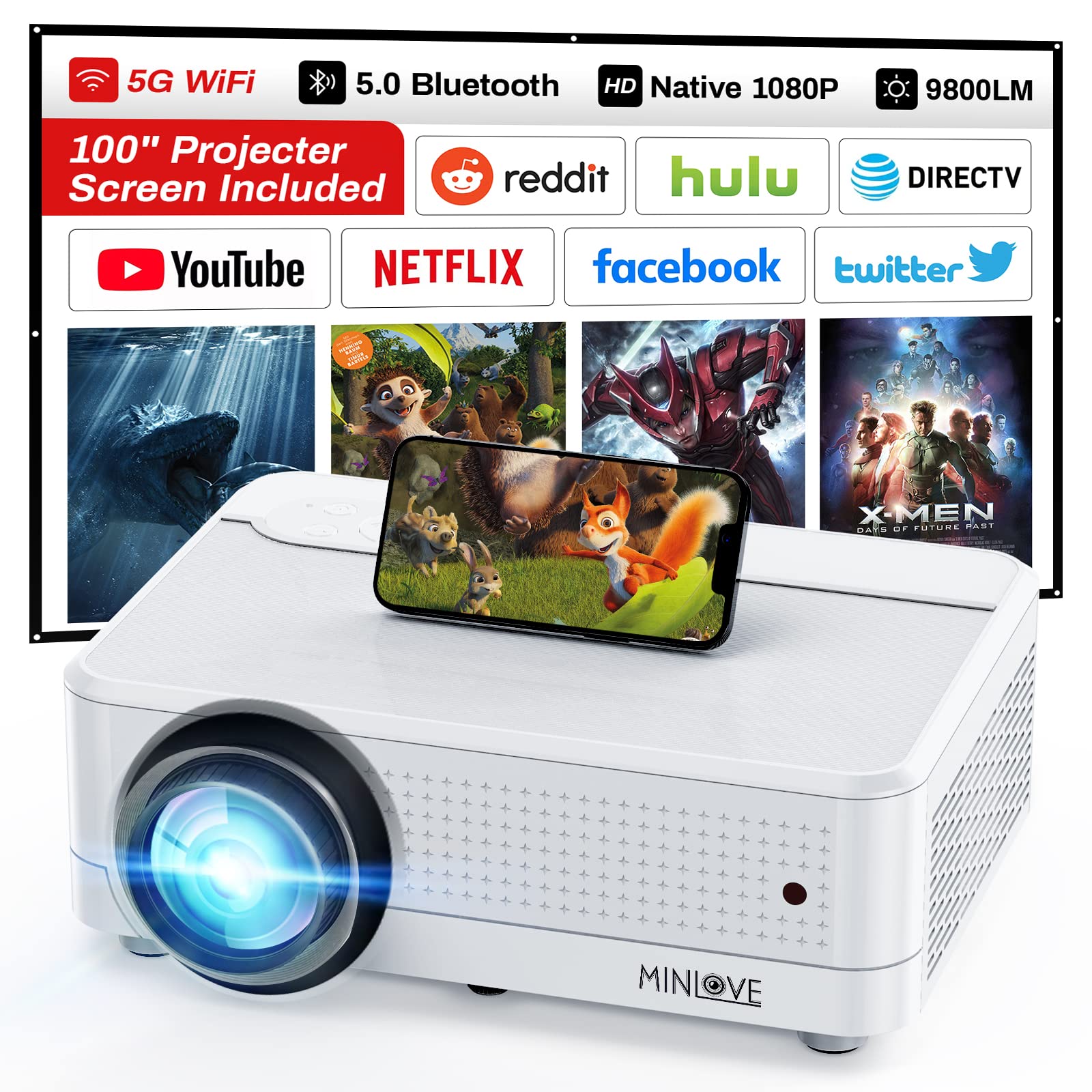 5G WiFi Bluetooth Projector,MINLOVE Native 1080P Home Movie Theater Projector with 100" Screen,450" Display 9800L Full HD Video Projector for Business Ceiling,for HDMI,iOS,Android,TV Stick,PC,PS5,USB