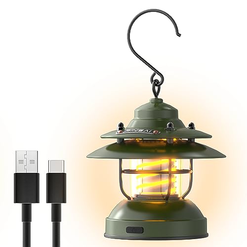 PINSAI LED Camping Lantern,Mini Rechargeable Retro Warm Camp Light,Battery Powered Metal Vintage Hanging Lamp,Portable Waterpoor Outdoor Tent Bulb, Emergency Lighting for Power Failure,Outages