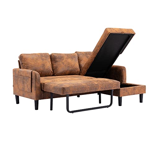 YUNLife&Home Sectional L-Shaped Sofa with Chaise,Reversible Couch Sleeper w/Pull Out Bed,Storage Space&Side Pockets,3-Seat Convertible Corner Sofá for Living Room/Apartment/Office