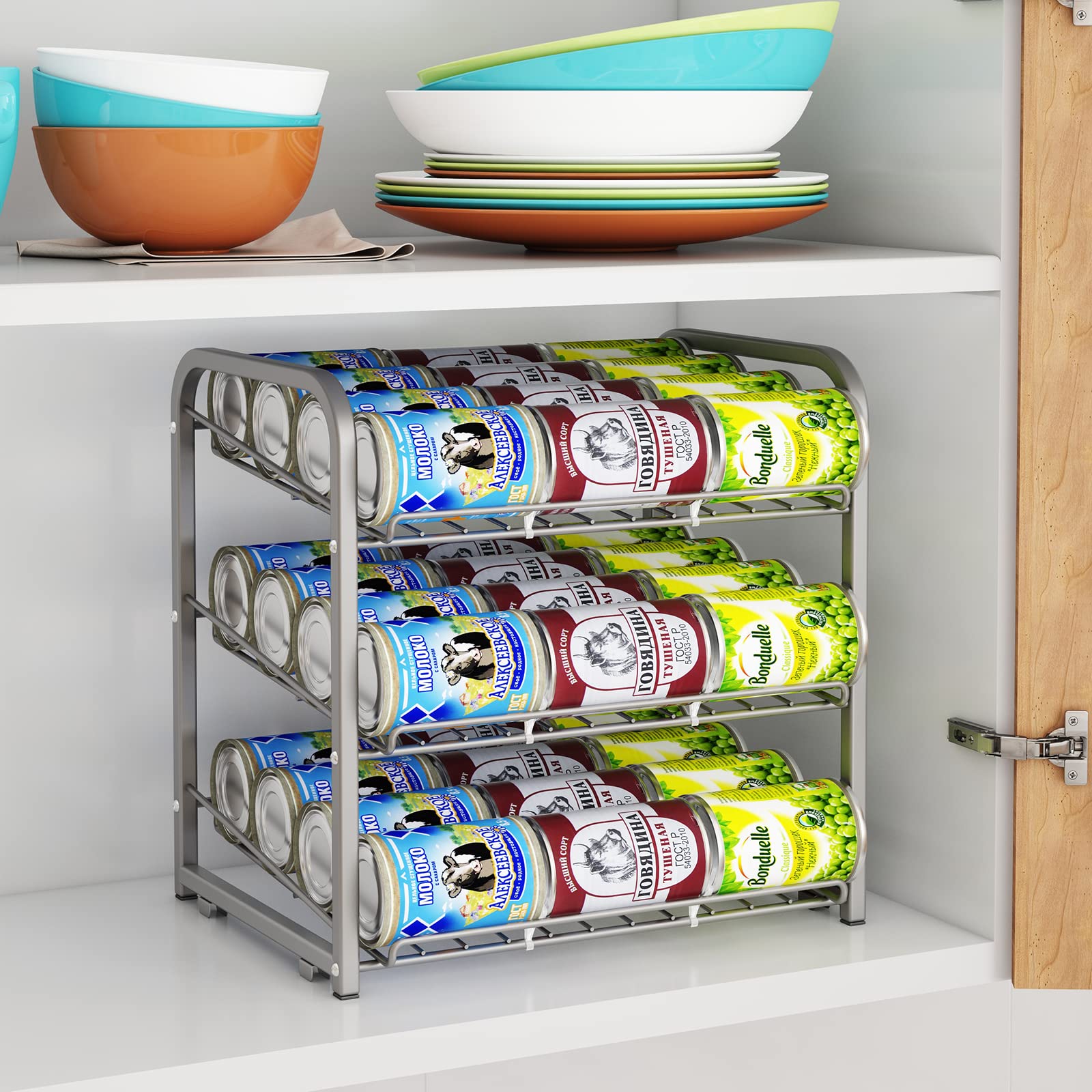 LEGUANG 3-Tier Stackable Can Rack Organizer, Can Storage Dispenser Holds up to 36 Cans for Kitchen Cabinet or Pantry, Silver