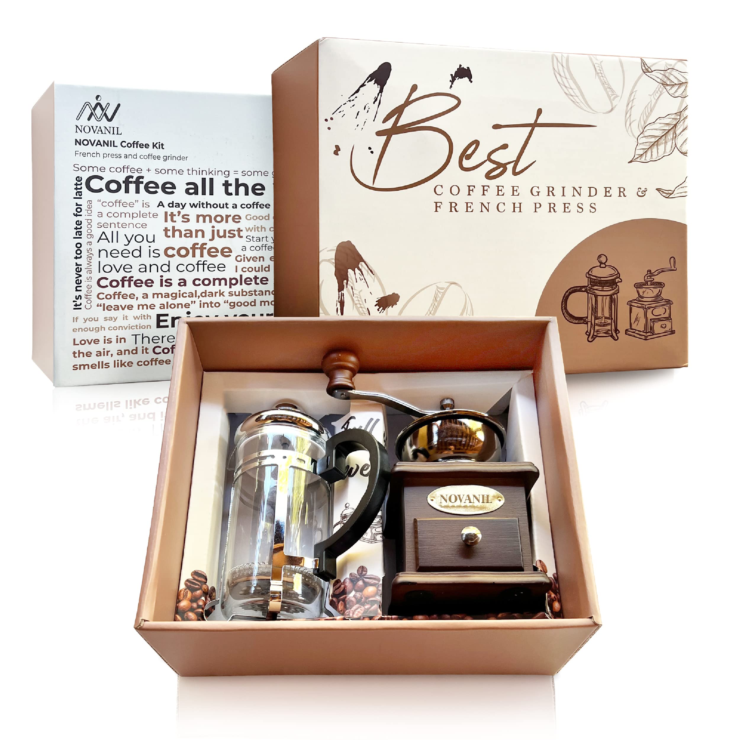 NOVANIL FRENCH COFFEE KIT - ANTIQUE STYLE COFFEE SET, FRENCH PRESS & HEAT-RESISTANT GLASS POT, WOODEN MANUAL COFFEE GRINDER & GIFT BOX