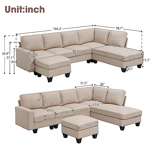 GAOWEI Modern L-Shaped Sectional Sofa,7-seat Linen Fabric Couch Set with Chaise Lounge and Convertible Ottoman for Living Room,Apartment,Office Modular sectional Sofa l Shaped Sofa (Khaki)