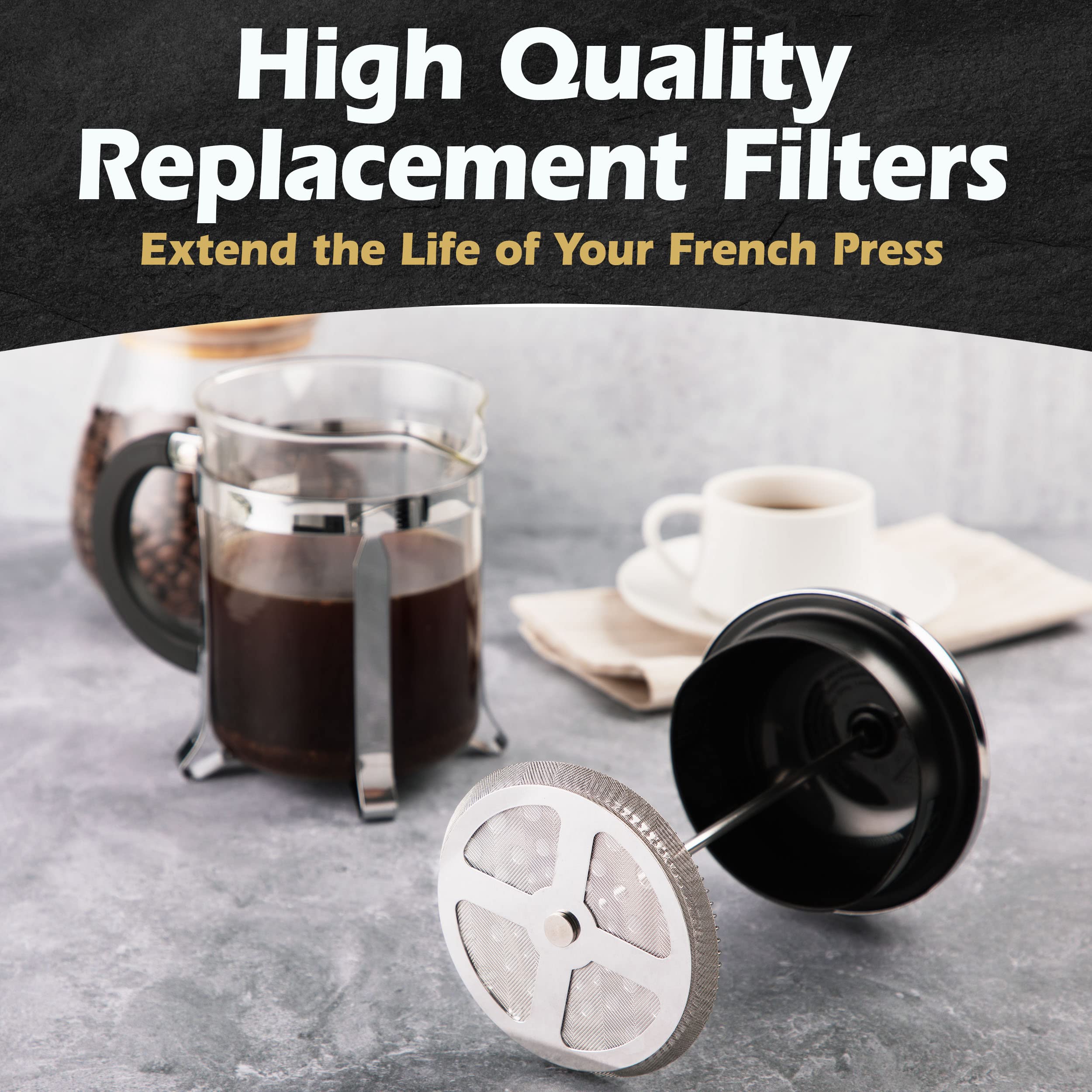 Gold Lion Gear French Press Replacement Filter (2pack) - Includes Metal Center Ring - Universal 8Cup Stainless Steel Reusable Filter