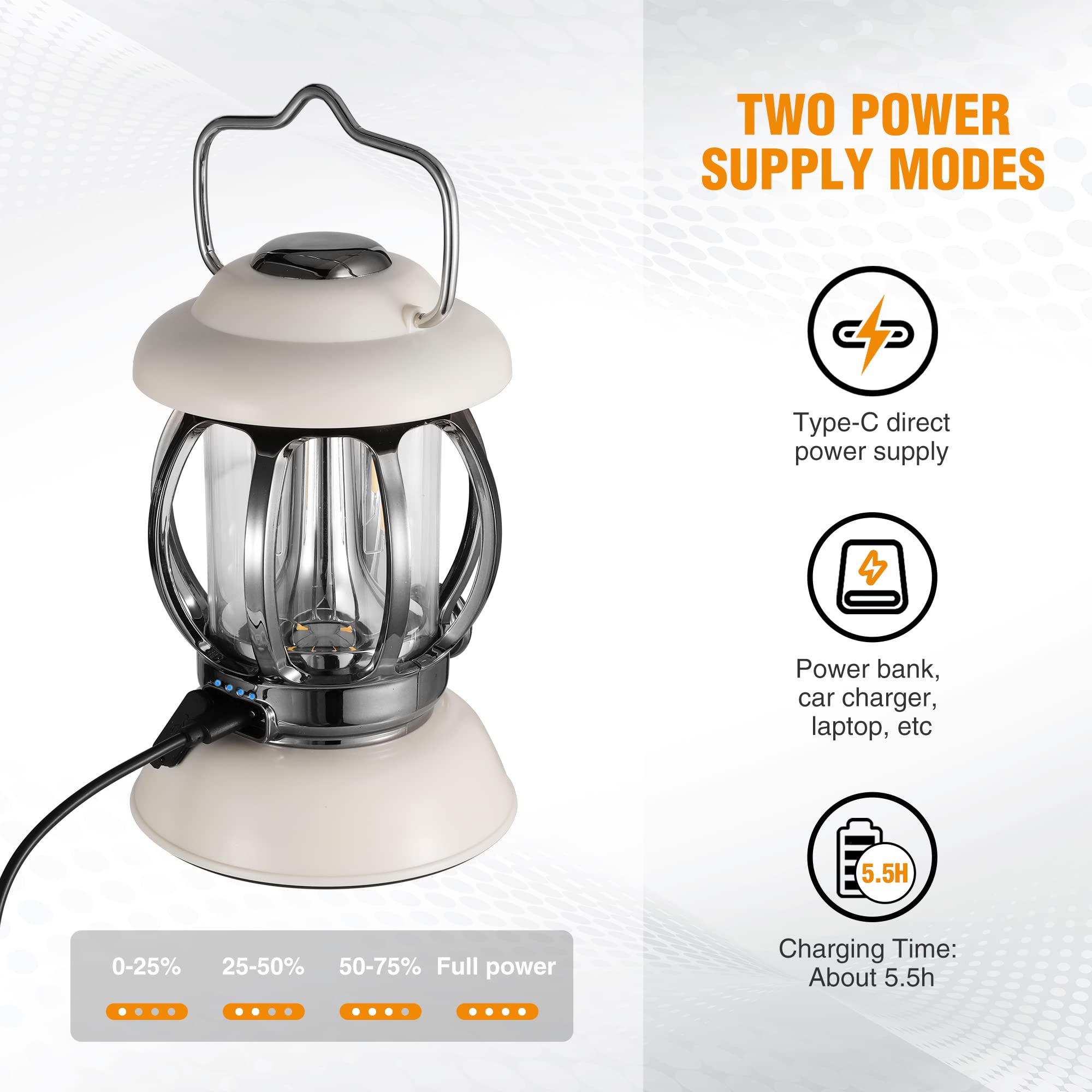 EverBrite Camping Lantern Rechargeable, Retro Metal Camping Light, 4400mAh Battery Powered Hanging Vintage Camping Lamp, 3 Light Modes, Outdoor Tent Light, Emergency Lantern for Power Outage - White