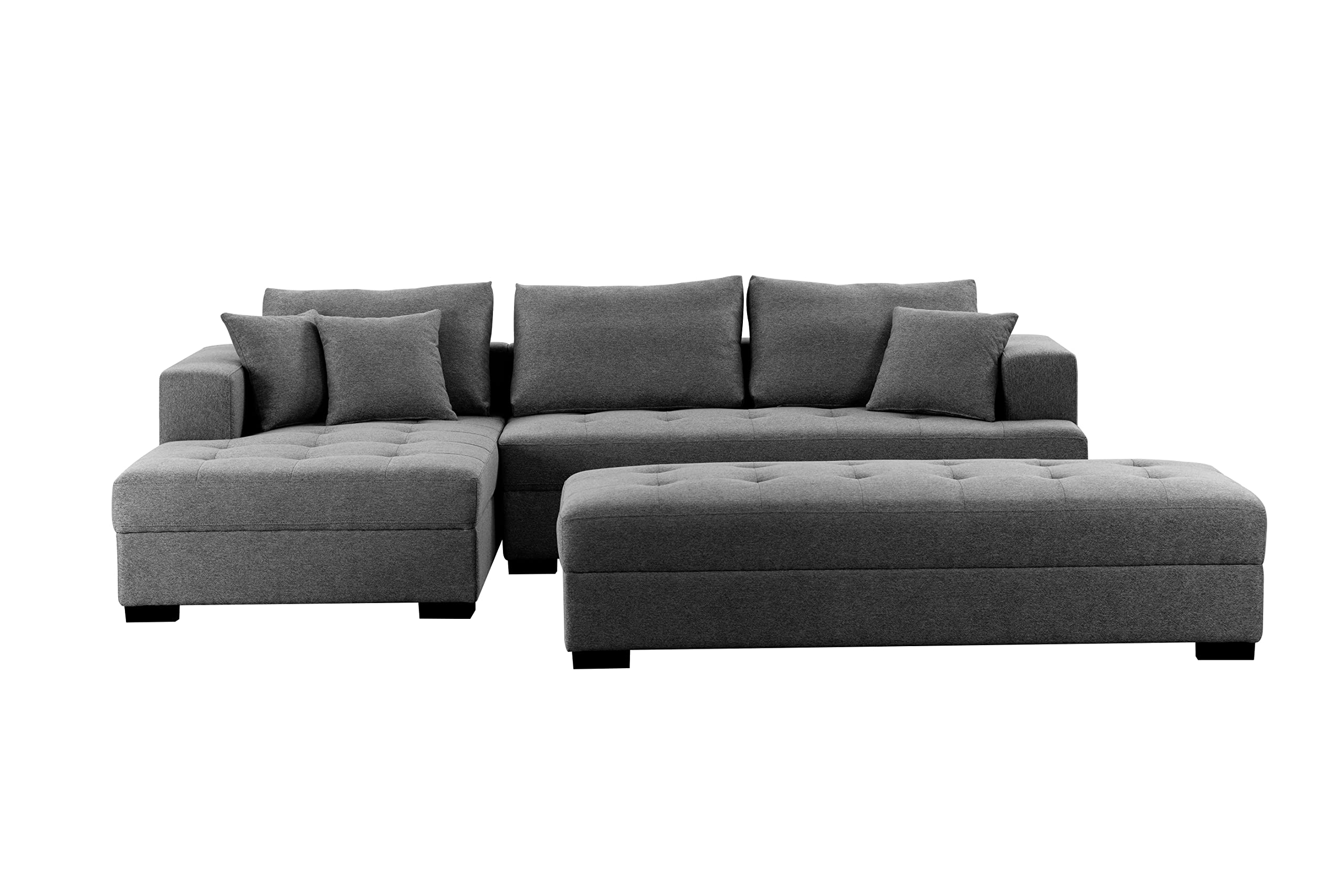 FANYHOME 111'' Tufted Fabric 3-Seat L-Shape Sectional Sofa Couch Set w/Chaise Lounge, Ottoman Coffee Table Bench for Living, Family & Game Rooms (Dark Grey), Light Gre