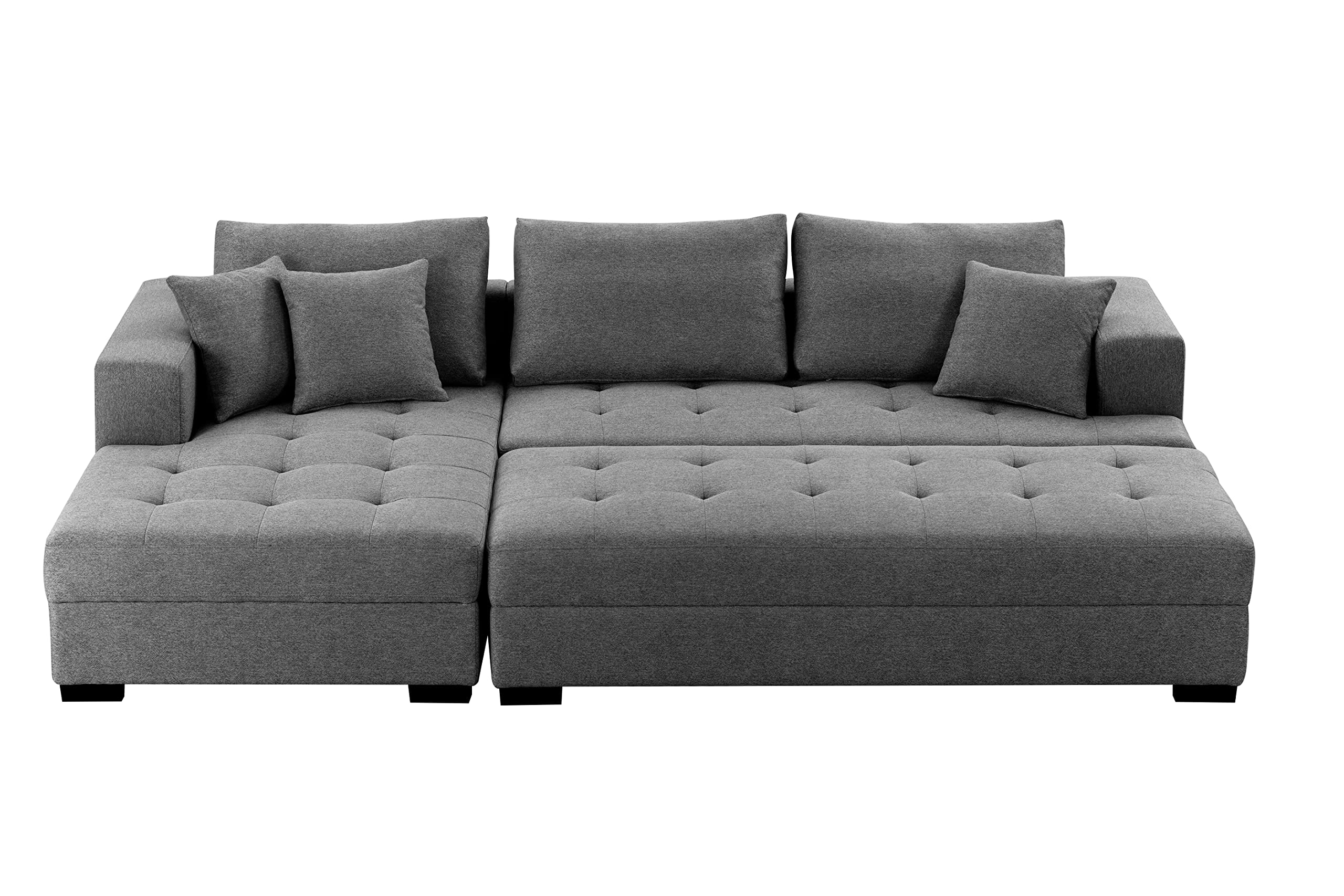 FANYHOME 111'' Tufted Fabric 3-Seat L-Shape Sectional Sofa Couch Set w/Chaise Lounge, Ottoman Coffee Table Bench for Living, Family & Game Rooms (Dark Grey), Light Gre