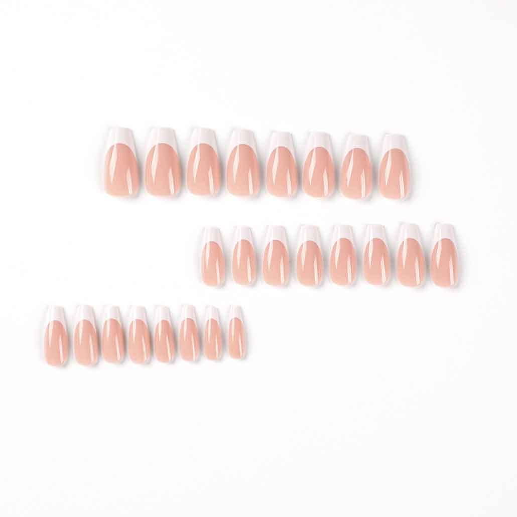 Foccna Nude Fake Nails Long, French Coffin Glossy Press on Nail False Tips Artificial Finger Manicure for Women and Girls 24pcs