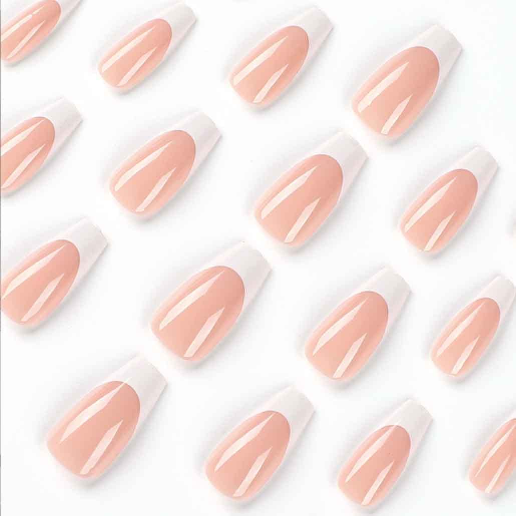 Foccna Nude Fake Nails Long, French Coffin Glossy Press on Nail False Tips Artificial Finger Manicure for Women and Girls 24pcs