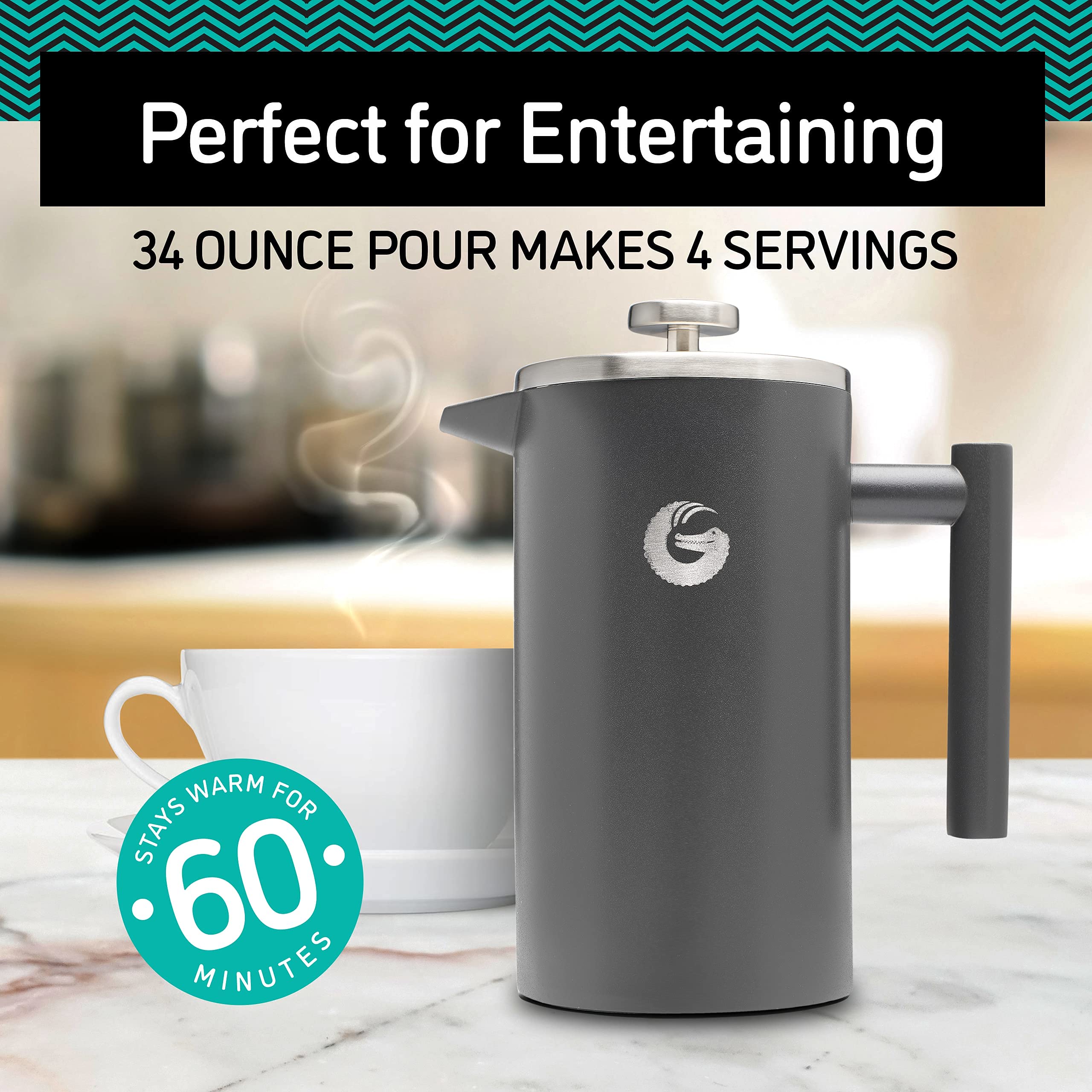 Coffee Gator French Press Coffee Maker - 34oz Thermal Insulated Brewer Plus Travel Jar - Large Capacity, Double Wall Stainless Steel - Orange