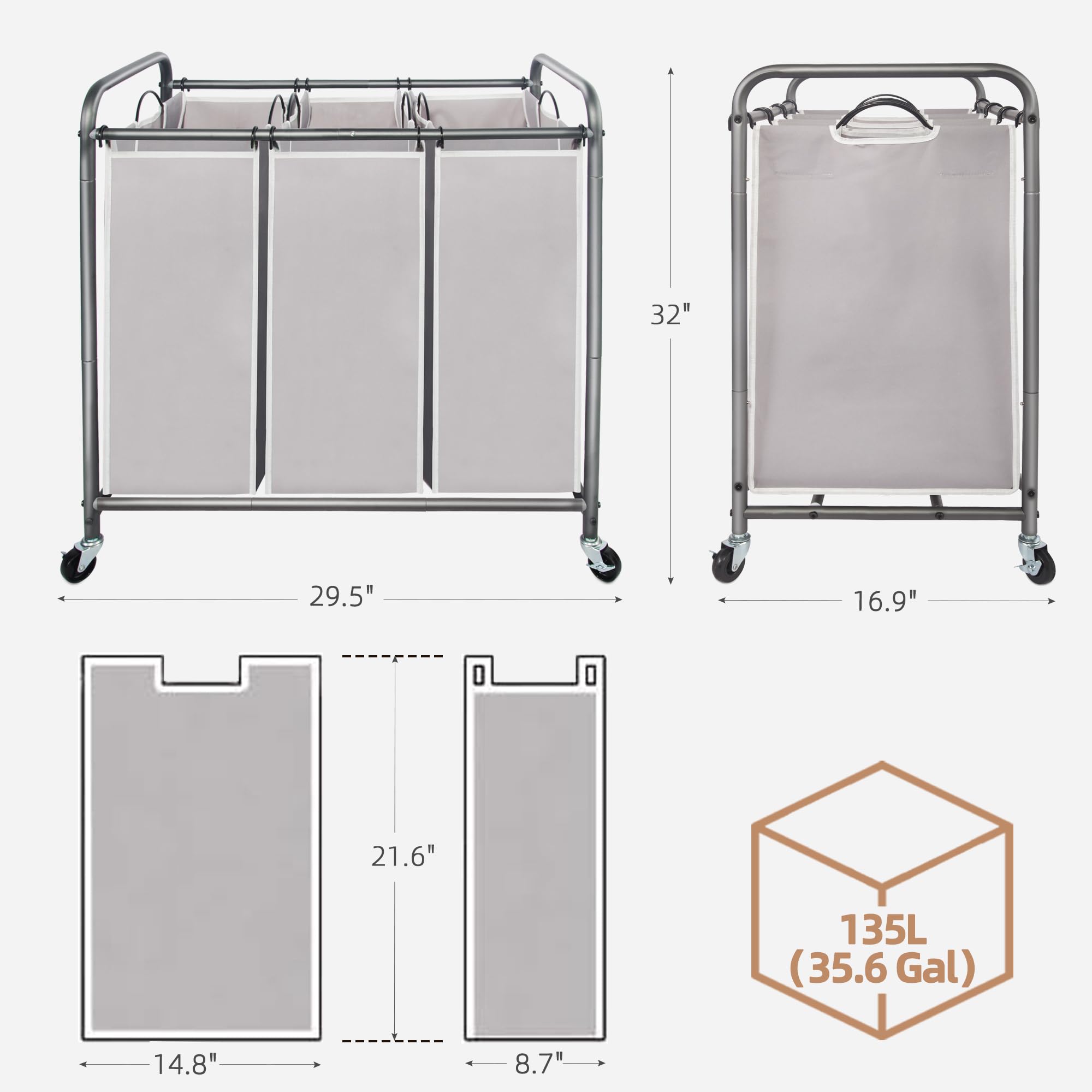 STORAGE MANIAC 3 Section Laundry Sorter, 3 Bag Laundry Hamper Cart with Heavy Duty Rolling Lockable Wheels and Removable Bags, Laundry Organizer Laundry Basket Laundry Clothes Separator Hamper, Gray