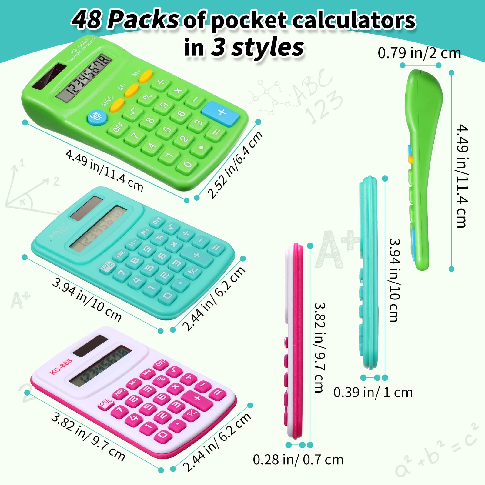 48 Pcs Pocket Calculator Bulk Small Basic Calculator 4 Function Calculator Battery Powered Calculator 8 Digit Display Calculator Pocket Size for Students Kids School Home Office Supplies, 3 Styles