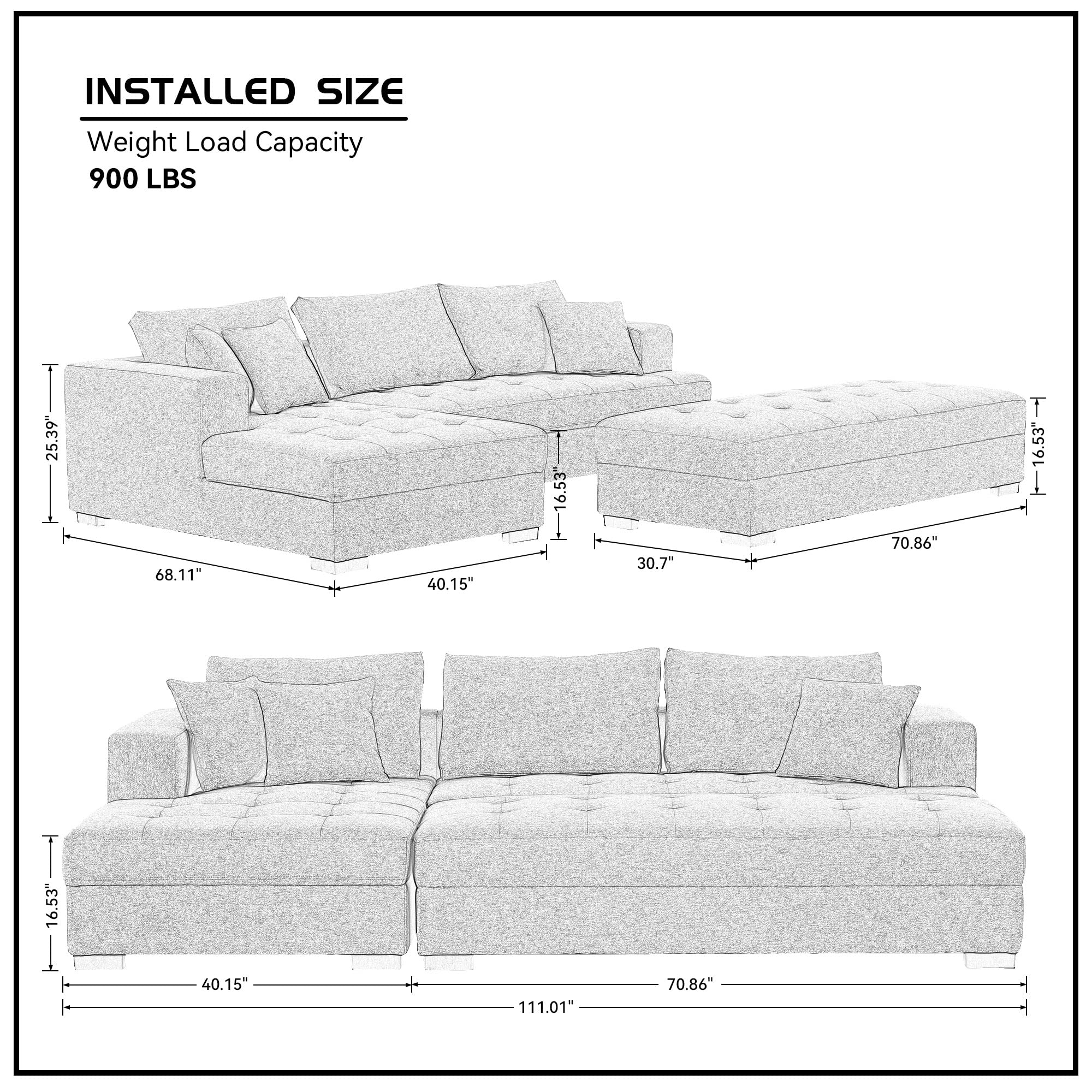 FANYHOME 111'' Tufted Fabric 3-Seat L-Shape Sectional Sofa Couch Set w/Chaise Lounge, Ottoman Coffee Table Bench for Living, Family & Game Rooms (Dark Grey), Light Gre
