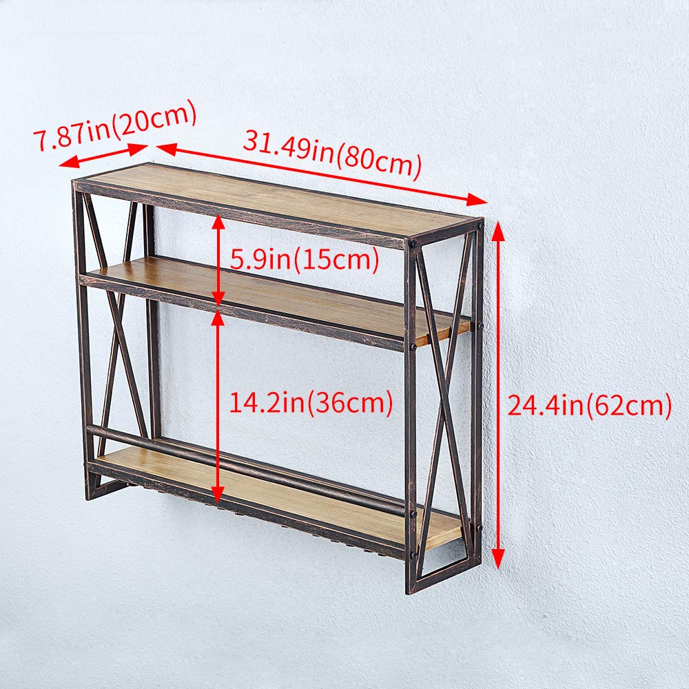 GWH Industrial Wine Rack Wall Mounted - (3 Tier - 31.5in - Black Brush Red Coper), Easy to Install , Hanging Wine Rack, 100% Pine Solid Wood, Galvanized Steel
