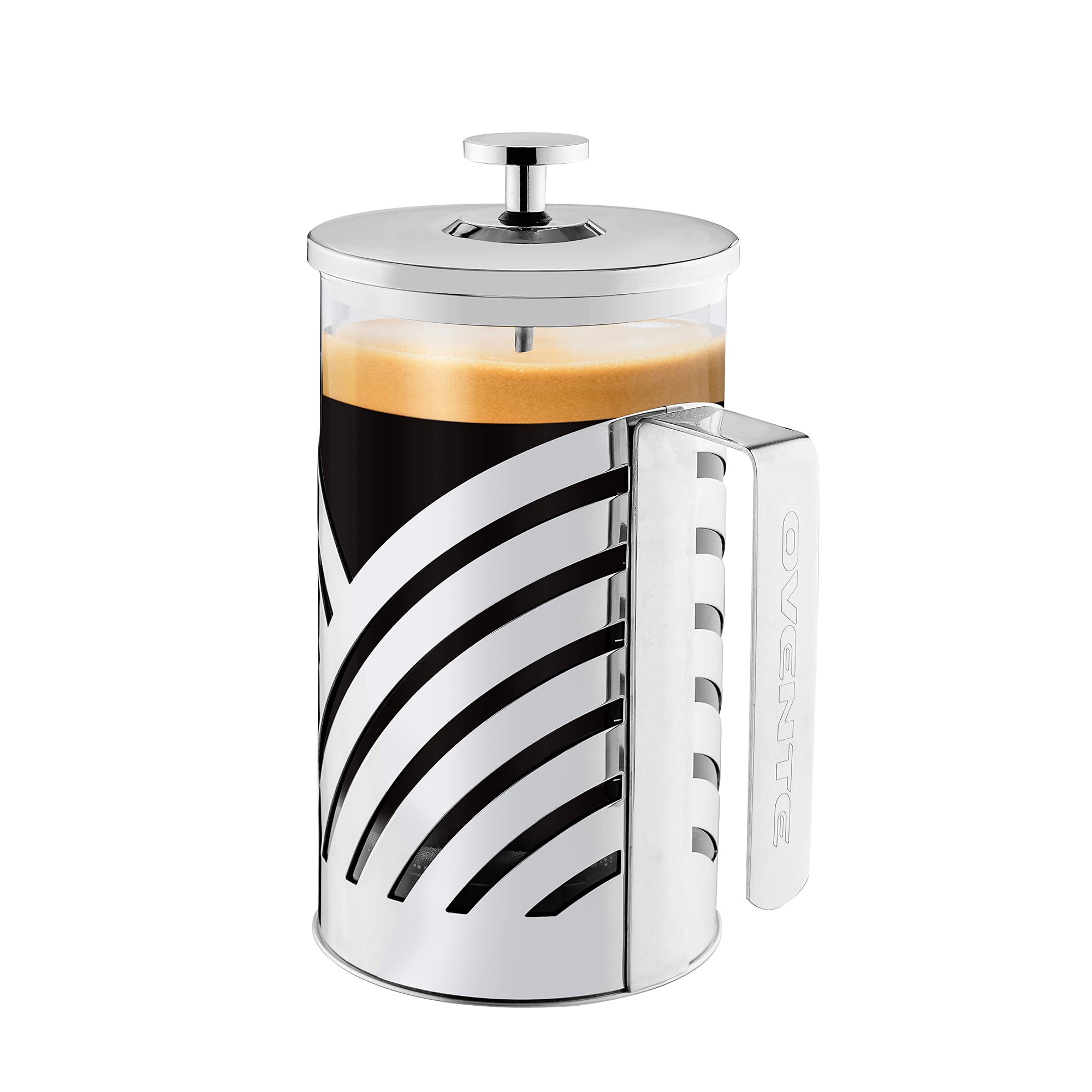 OVENTE French Press Coffee Maker 27 Ounce, 4 Level Stainless Steel Filter System & Heat Resistant Borosilicate Glass, Portable Pitcher for Travel Gift Easy Clean Carafe w/Scoop, Silver FSD27P