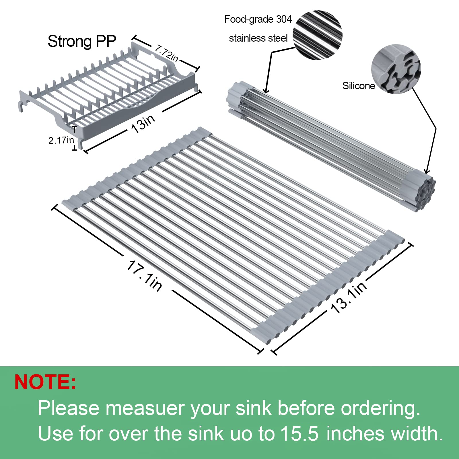 ZYDBB Roll Up Dish Drying Rack (17.1" x 13.1") with Dish Rack Over The Sink, Sink Drying Rack, Drying Rack for Kitchen Counter, 304 Stainless Steel Drying Rack for Kitchen Sink