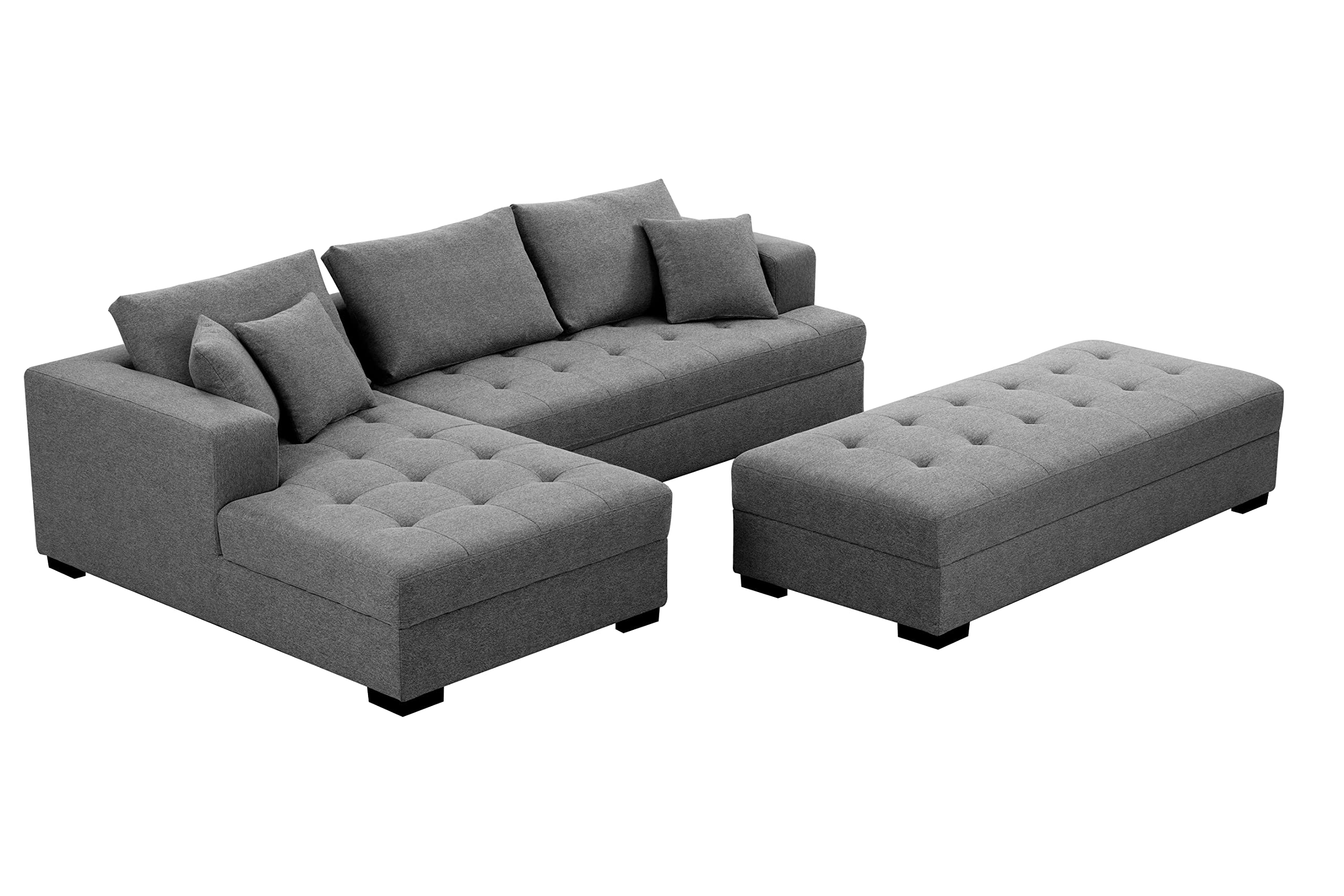 FANYHOME 111'' Tufted Fabric 3-Seat L-Shape Sectional Sofa Couch Set w/Chaise Lounge, Ottoman Coffee Table Bench for Living, Family & Game Rooms (Dark Grey), Light Gre